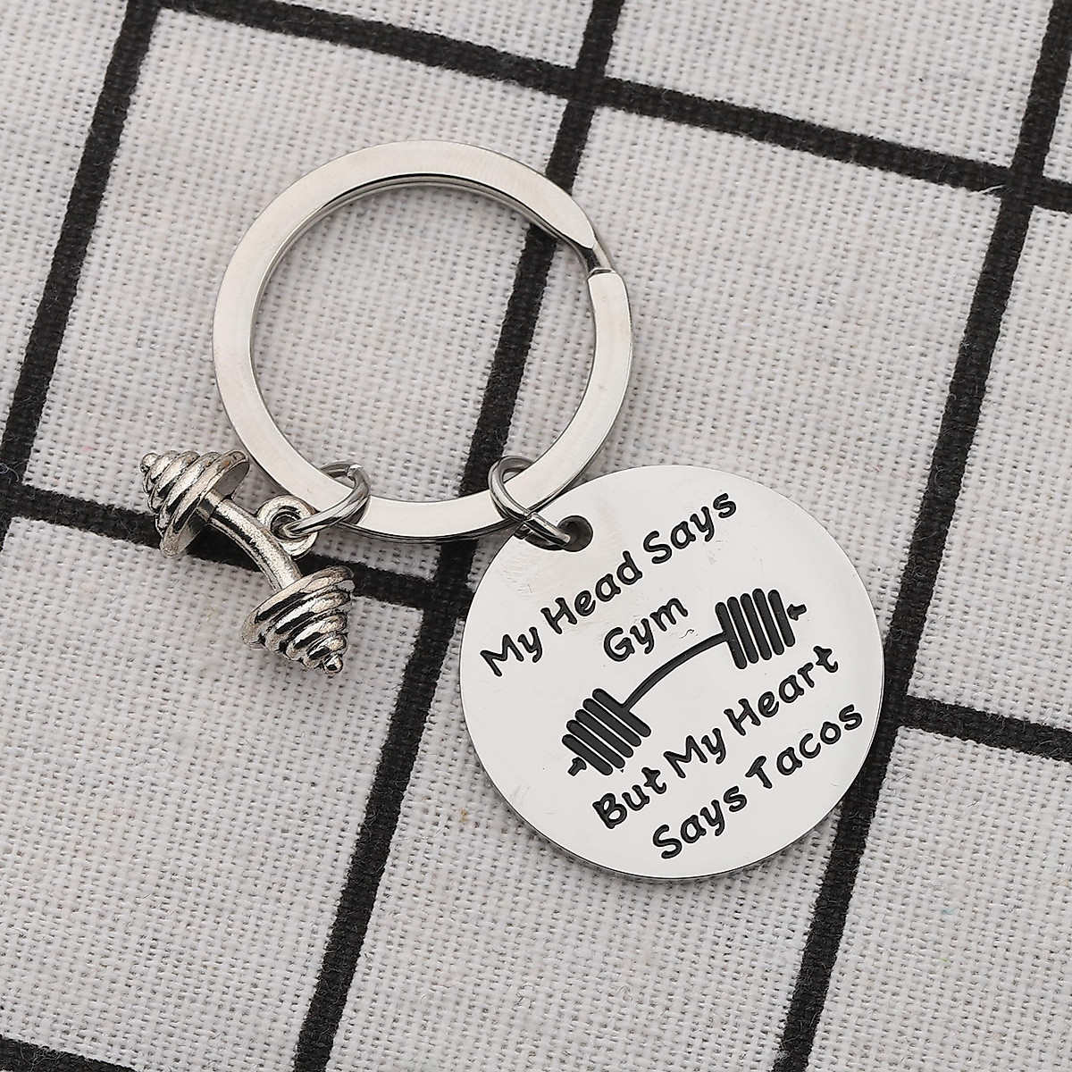 BEKECH Fitness Keychain Gym Keychain My Head Says Gym But My Heart Says Tacos Fitness Jewelry Fitness Lover Workout Gift Bodybuilding Gift (silver)