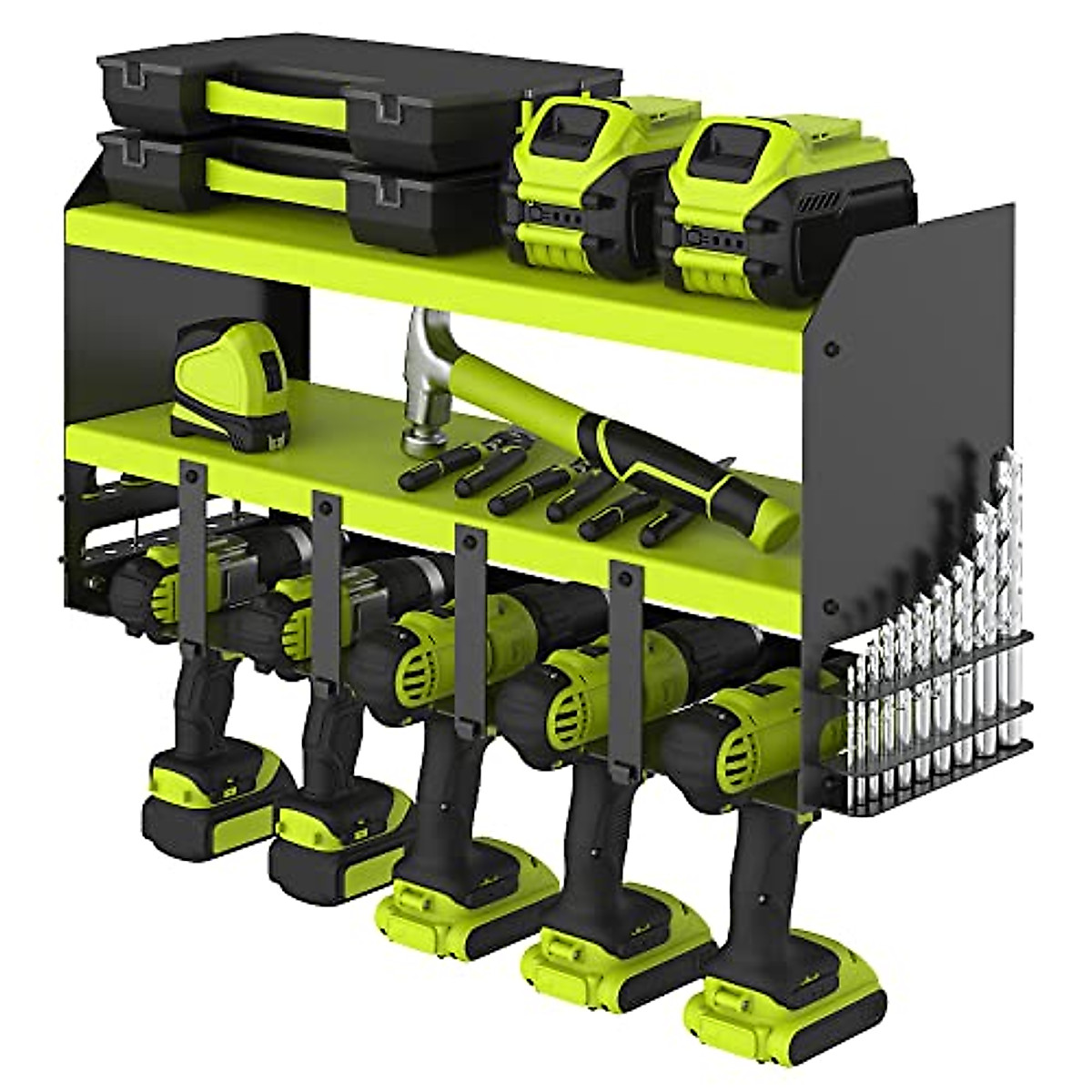 BULL-TECH Power Tool Organizer, 5 Drill Holder Wall Mount with Storage Rack, Cordless Drill Charging Station, Wall Mount Shelf Screwdriver Holder,Premium Garage Storage Organizers(Green)