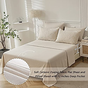 Dobuyly Cream Tufted Comforter Set Queen, 7 Pieces Bed in a Bag Boho Cream Beige Comforter Embroidery Shabby Chic Farmhouse Bedding Set, Soft Breathable Cation Microfiber Comforter Set