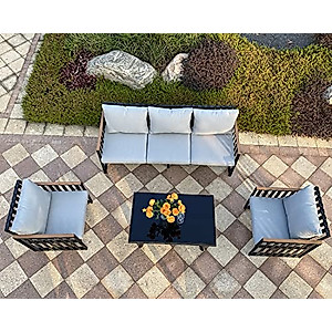 DECMICO Patio 5-Seat Sectional Sofa, Wide Outdoor U-Shaped Steel Frame Finished Rubber and Grey Cushions Sofa Furniture Set with Glass Coffee Tablefor Garden, Backyard, Balcony and Deck…