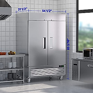 COTLIN 54" Commercial Refrigerators 2 Door Stainless Steel Reach in Refrigerator, 49 Cu.Ft Air Cooler Bottom Mount Commercial Fridge with 8 Shelves for Restaurant Kitchen Cafe Garage, ETL NSF Approved