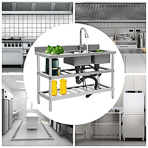 Kitchen Sink, Stainless Steel Double Bowl Utility Sink,Commercial Free Standing Dining Room Sink Kit, Prep & Utility Washing Hand Basin W/Workbench, For Laundry, Garage, Cafe Bar (47.2*17.7*31.8inch)