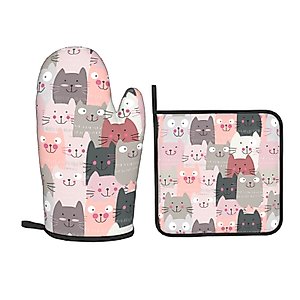 Oplp Funny Pink Cute Cats Oven Mitts and Pot Holders Heat Resistant Oven Mitts Safe for Baking Cooking BBQ
