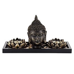 OwnMy Buddha Head Sculpture Statue with 2 Lotus Tealight Candle Holders 1 Wooden Display Tray Decor Stones, Buddha Meditation Votive Candle Holder Candle Stands for Home Decor Table Zen Garden Decor