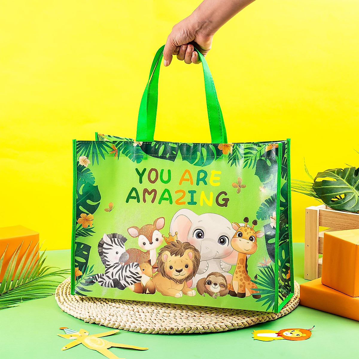 Loveinside Large Recycled Gifts Bags with Handles, Kids Reusable Birthday Party Gift Bag, Shopping Bag - 16" x 6" x 12", 1 Pcs - Animal