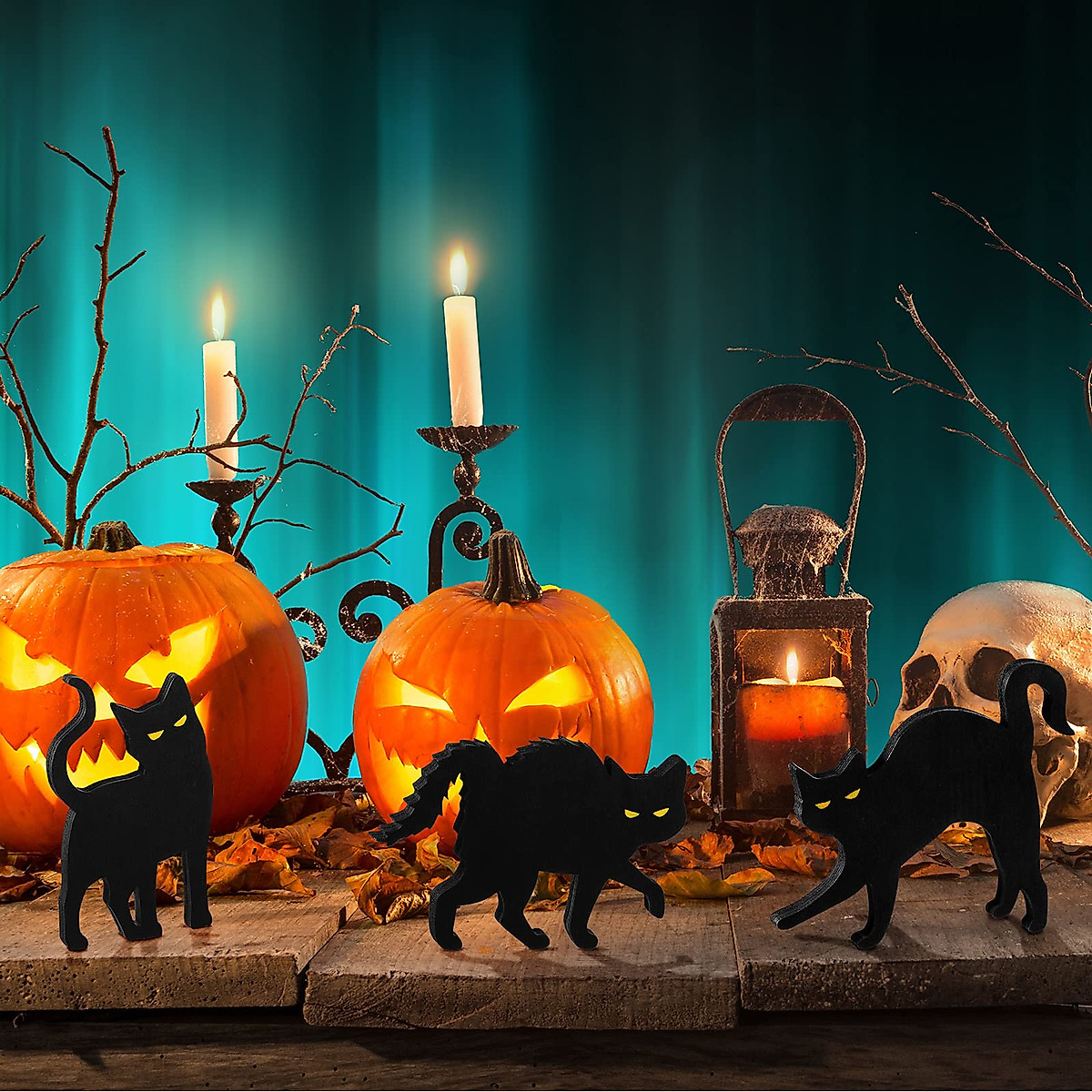 Yulejo 3 Pieces Halloween Black Cat Wood Decors Wooden Black Cat Silhouette Decor Halloween Wood Cat Table Centerpiece Signs Hanging Cat Wall Art Signs for Halloween Home Office Party Supply