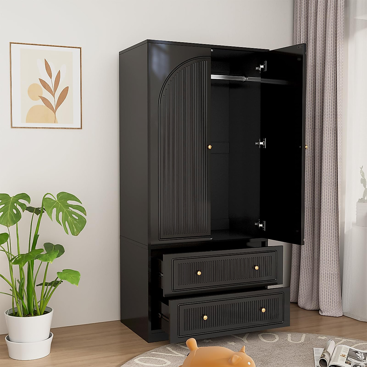 Buenhomino 71" Wardrobe Closet with 2 Door & 2 Drawer, Bedroom Wooden Armoire with Hanging Rod Shelf, Freestanding Large Capacity Clothing Wardrobe Cabinet w/Gold Handles for Bedroom - Black