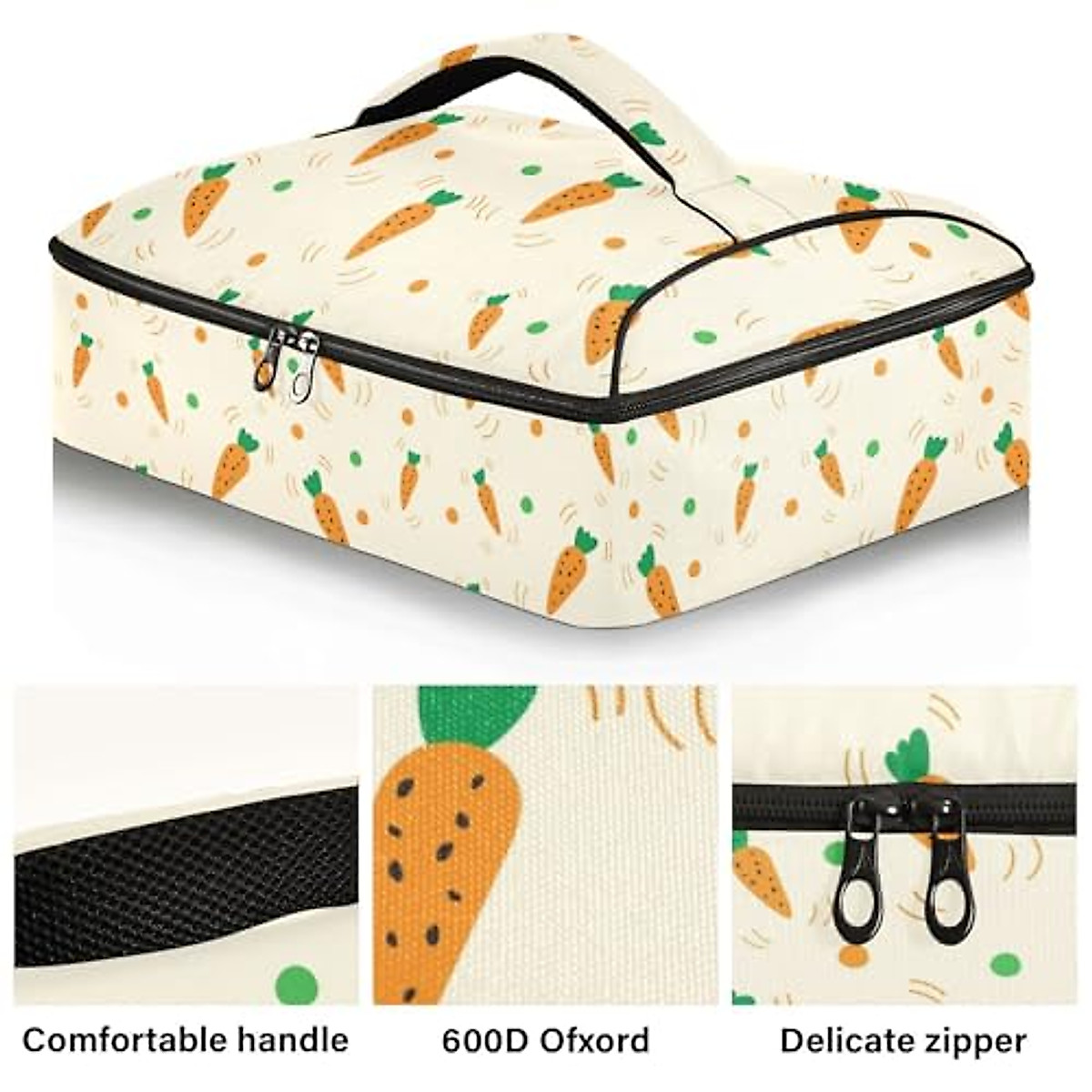 Kcldeci Insulated Thermal Food Carrier Insulated Casserole Carrier for Hot or Cold Food,Carrot Pattern Insulated Tote Bag for Potluck Cookouts Parties Picnic,Lasagna Lugger