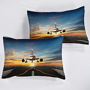 YAHFSHUILU Airplane Duvet Cover Sets 3D Print Comforter Cover Bright Orange Sunset Airplane Bedding Sets with Zipper Ties Vast Grey Runway Airplane Cover 2 Pillow Shams,Full Size