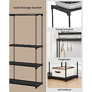 Hzuaneri Closet Organizer, Freestanding Portable Closet, 60-inch Closet Wardrobe for Bedroom, 2 Clothes Rail with 5 Compartments Shelves Storage Organizer for Cloakroom, Black WH03032BK
