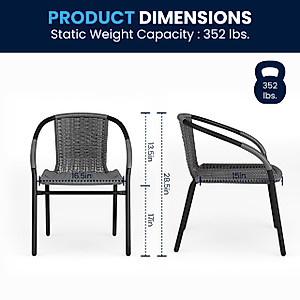 Flash Furniture 3-Piece Patio Dining Set with Round Glass Metal Table and 2 Stackable Rattan Chairs, Indoor/Outdoor Bistro Table and Chairs Set, Gray