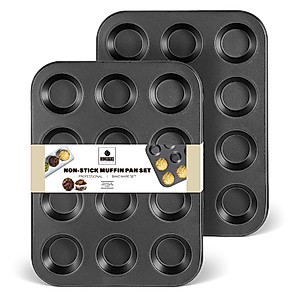 HONGBAKE 2 Pack 12-Cup Muffin Pan for Baking and 1 Pack 8 Cavity Mini Loaf Baking Pan for Oven