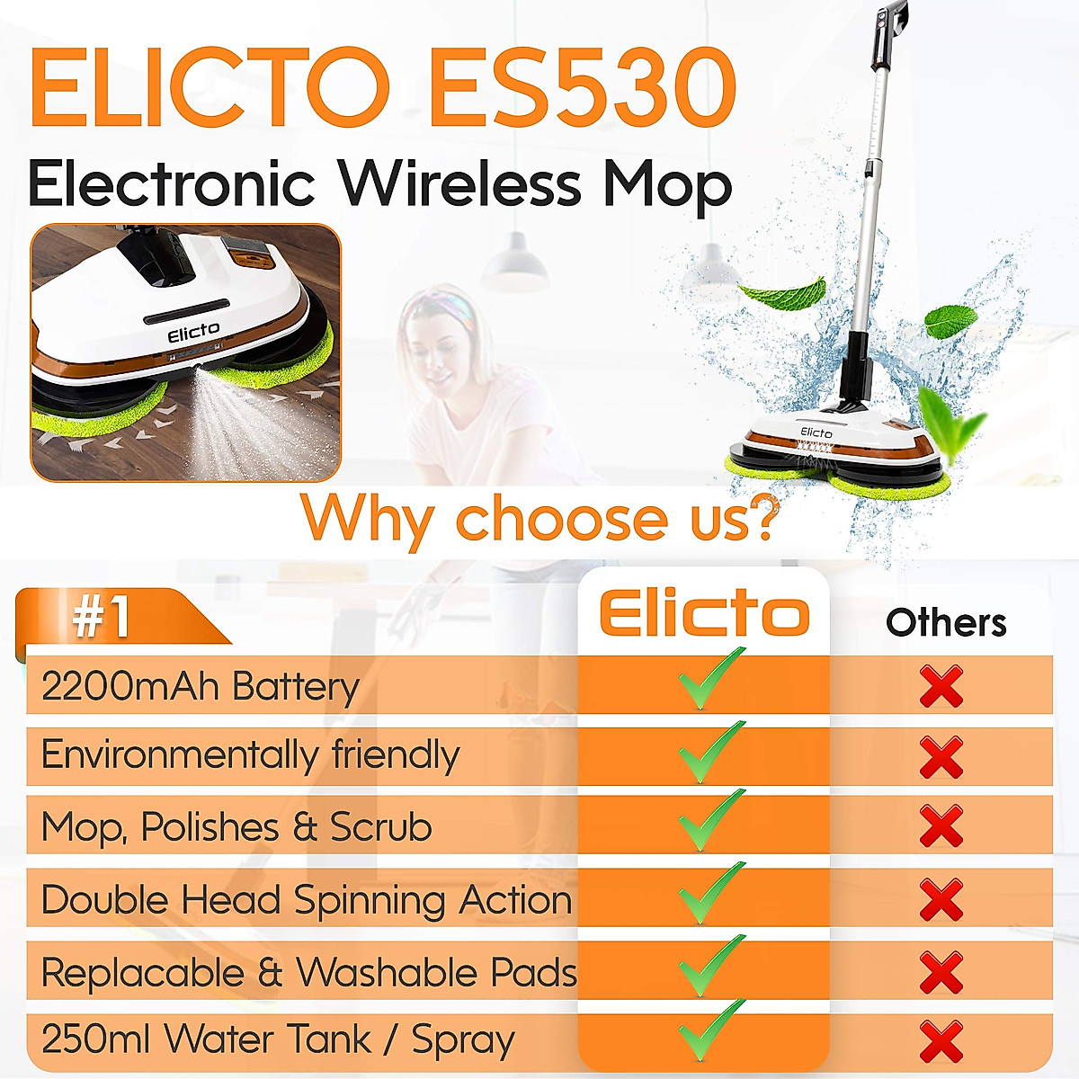 ELICTO ES530 - Electronic Dual Spin Mop and Polisher - Water Spray - Adjustable Height - LED - Reusable Microfiber Pads - All Hard Surfaces - New IMPROVEMENTS 2022