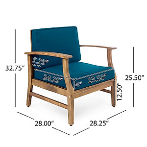 Christopher Knight Home Perla Outdoor 2 Seater Acacia Wood Bistro Set with Cushions, 28.25 "W x 28 "D x 32.75 "H, Teak + Blue