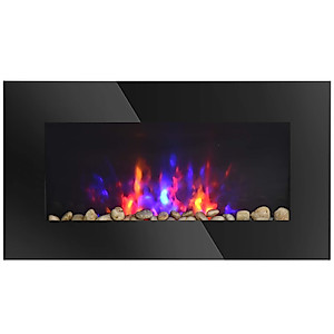 HOMCOM 28.5" 1500W Electric Wall-Mounted Fireplace with Flame Effect, 7 Color Background Light, Black