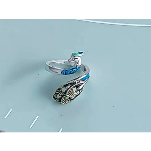 Vintage Enameled Peacock Ring for Women Girls Silver Plated Statement Adjustable Expandable Animal Open Band Finger Rings Comfort Fit Boho Delicate Mother's Day Christmas Jewelry