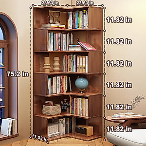 KINGBO 6-Tier Corner Bookshelf, 75" Tall Corner Bookcase Shelf, Solid Wood Bookshelf Organizer, Open Bookcase, Large Corner Display Shelf Rack for Living Room, Bedroom and Home Office, Walnut