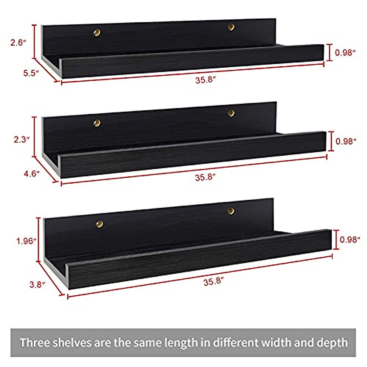 Lavezee 47 Inch + 36 Inch Black Floating Wall Ledge Shelves Set of 3