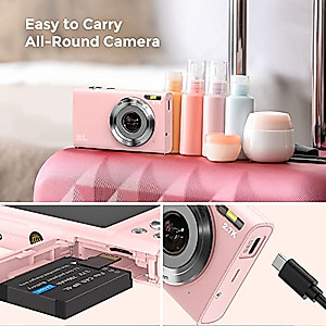 Digital Camera Auto Focus 2.7K Vlogging Camera HD 48MP 16X Digital Zoom Camera with 32G Memory Card 2 Batteries & Charger YouTube Portable Mini Compact Camera for Kids Teens Adult Beginner Pink