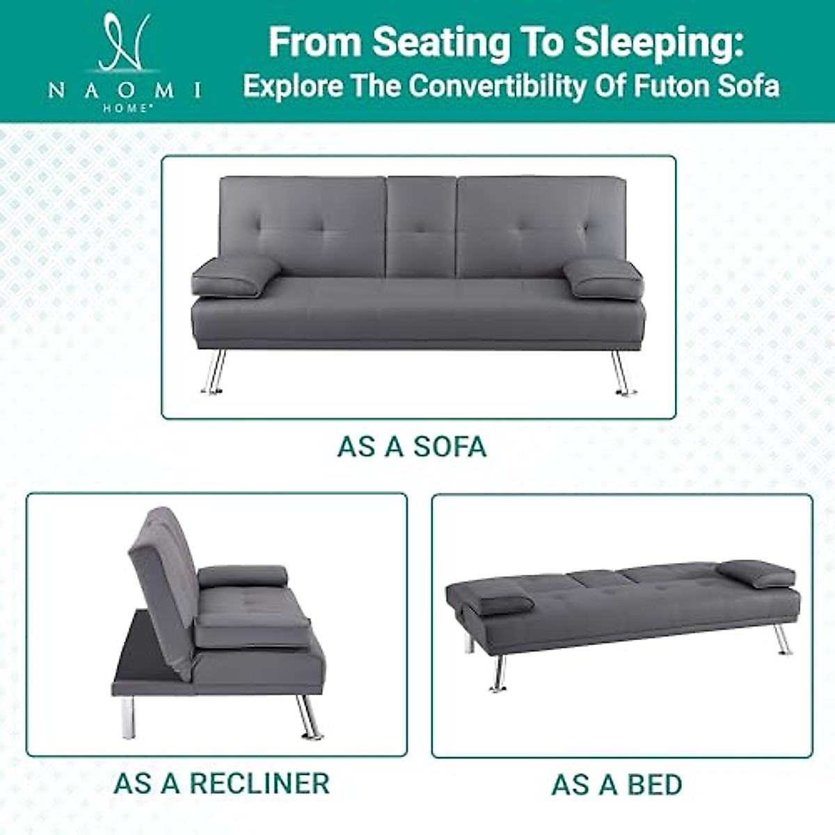 Space-Saving Design: Convertible Futon Sofa Bed, Versatile Comfort - Sturdy Build Modern Faux Leather Futon Couch - Low-Maintenance Upholstery - Customizable Positions - Easy Assembly - Gray