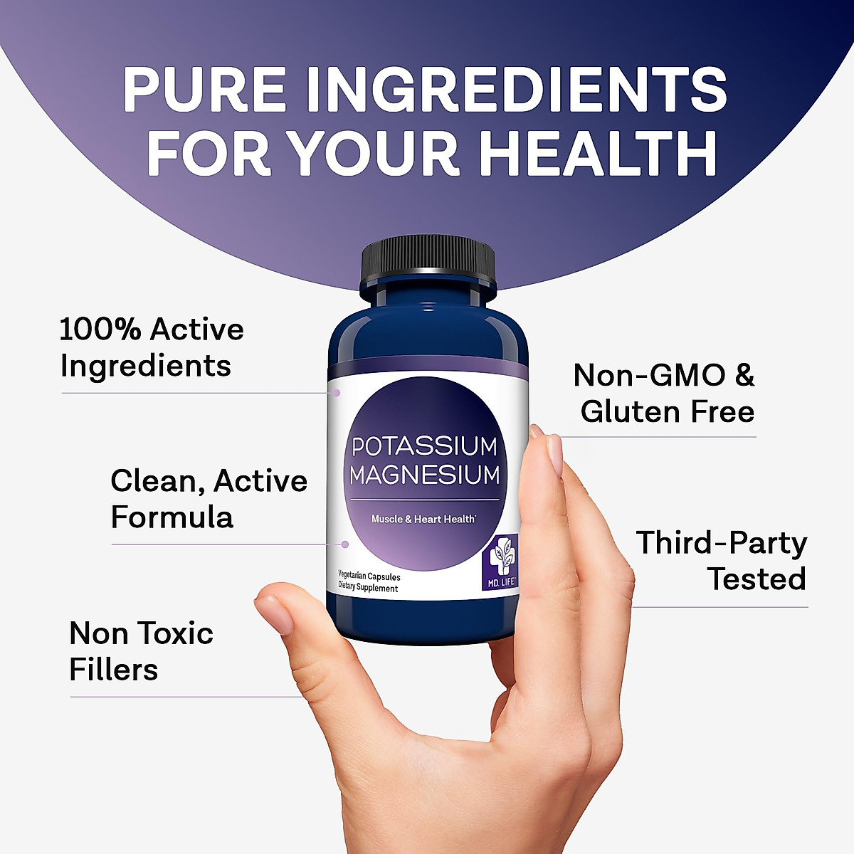 MD. Life Magnesium Potassium Supplement - 90 Capsules - High Absorption Magnesium Complex to Support Vascular Health & Leg Cramp 90cts