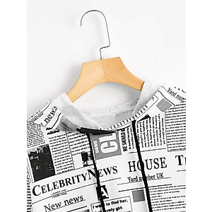WDIRARA Women's Newspaper Print Long Sleeve Drawstring Hoodie Casual Sweatshirts Black and White L