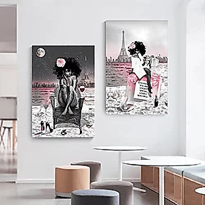 Black Girl African American Wall Art Decor Women Pink And Grey On Beach Eiffel Tower Abstract Canvas Paintings Pictures Posters Prints Bathroom Artwork For Wall Bedroom No Frame 16x24in (40x60cm)
