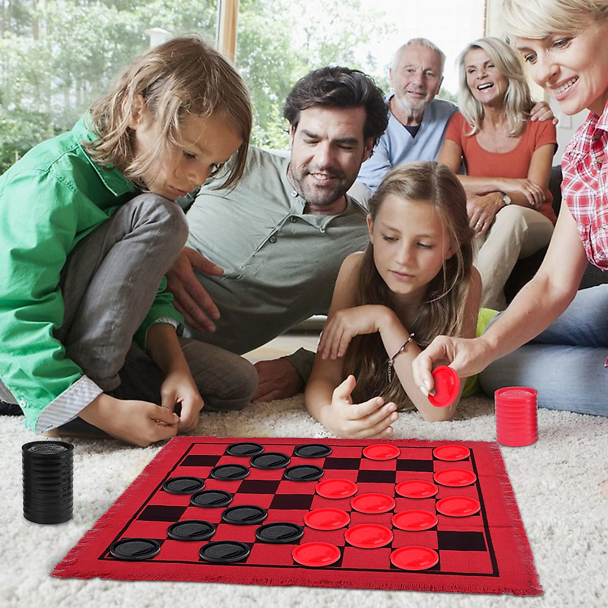 Giant Checkers Board Games, 3 in 1 Tic Tac Toe Board Game with 24 Checker Pieces Reversible Rug - Indoor and Outdoor Games for Family & Party -Gift Ideas for Teen Boys, Kids, Adults