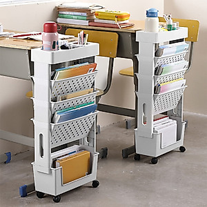 HEEPDD Movable Bookshelf Cart, 5-Tier Plastic Rolling Utility Cart Multifunctional Storage Trolley for Office Living Room Home Kitchen School (White)