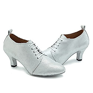 HIPPOSEUS Latin Dance Shoes for Women with Closed Toe Lace up Ballroom Latin Salsa Tango Dance Practice Shoes Low heel 2.33",Silver, 8 B(M) US