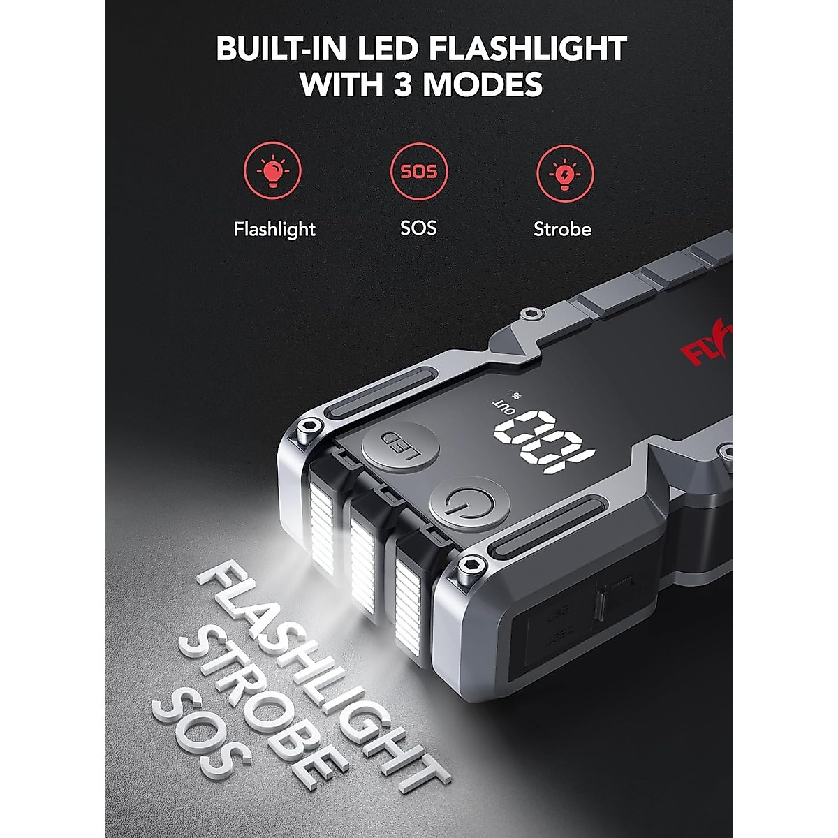 FLYLINKTECH 5000A Car Battery Jump Starter(Up to 9.0L Gas or 8.0L), Portable Car Jump Starter Battery Pack, 12V Jump Box with Safety Jumper Cables, Fast Charge 3.0, Lights, LCD Display