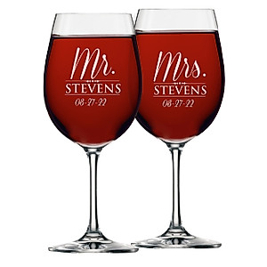 Set of 2 Mr and Mrs Personalized Wine Glasses - Custom Engraved and Monogrammed Gifts