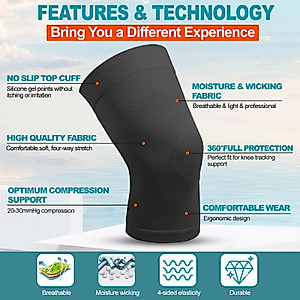 Knee Compression Sleeves, 1 Pair, Can Be Worn Under Pants, 20-30mmHg Strong Support Knee Brace for Unisex, Knee Support for Meniscus Tear, Arthritis, Pain Relief, Injury Recovery, Daily Wear,Black 3XL