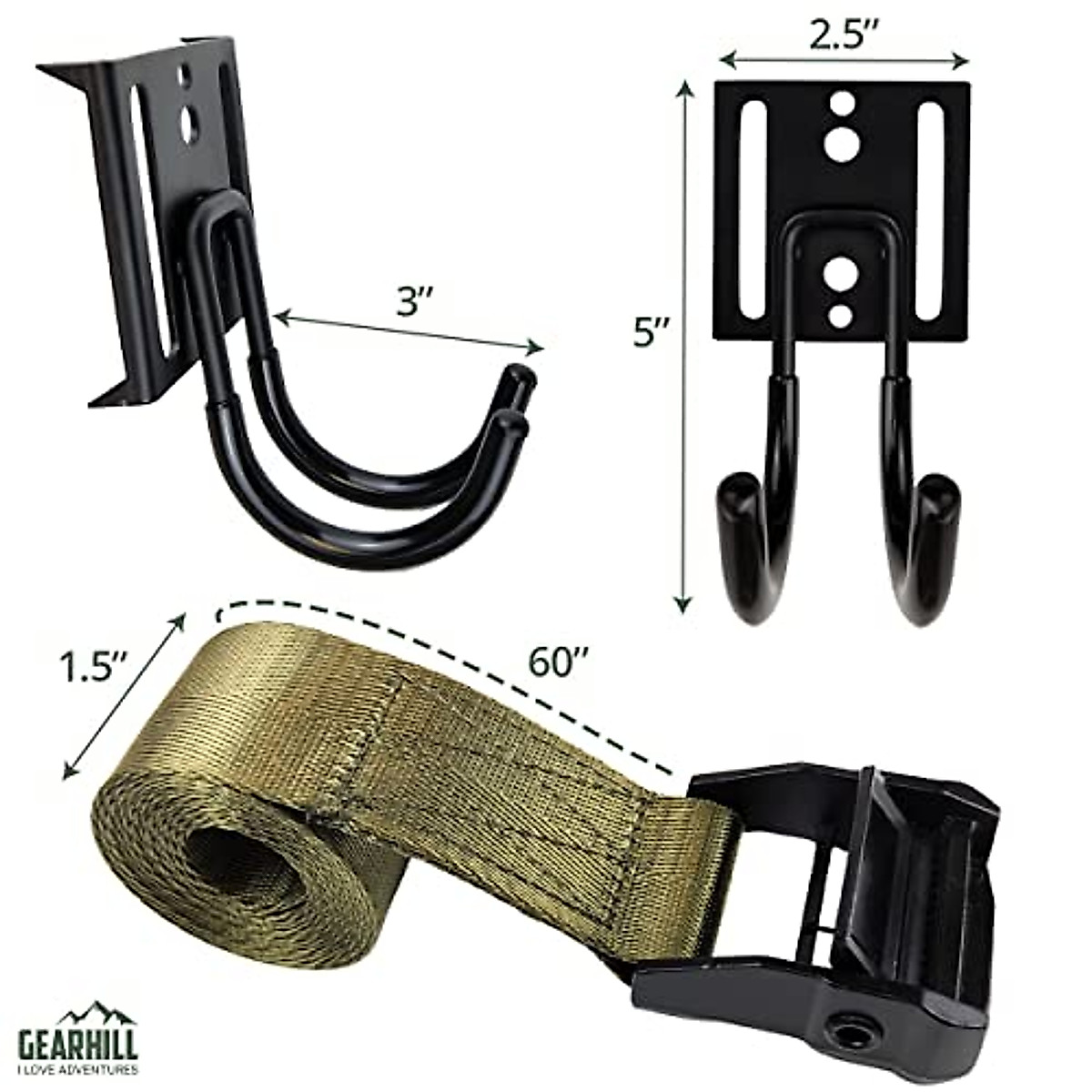 GearHill Tree Stand Gear Hanger, Comes with 3 Strong and Durable Double Hooks, with Sturdy Thick Tie Down Straps, with A Self-Locking Metal Cam Buckle, Tree Stand Hooks