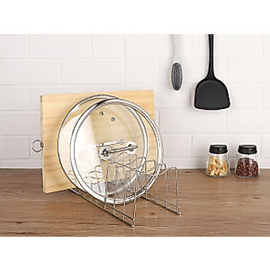 2 Pack HS Ideas Pot Lid Organizer, Kitchen Plate Rack Holder Rest,Pan and Pot Lid Holder for Cutting Boards, Bakeware, Cooling Rack, Serving Trays,Pantry and Cabinet Holder - Silver Finish…