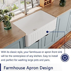 DeerValley Farmhouse Sink, 30" L x 18" W Single Bowl Farm Kitchen Sinks, White Farmhouse Kitchen Sink Apron Front Gloss Farm Sink Ceramic Drop in Apron Front Sink with Accessories