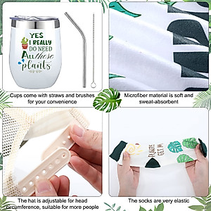 Jiuguva 4 Pcs Christmas Plant Gift Set Plant Gifts Gardening Gifts Plant Hat Funny Kitchen Towels 12 oz Wine Tumbler Cup Women's Ankle Socks Plant Gifts for Women Gardener Christmas Gift(Leaf)