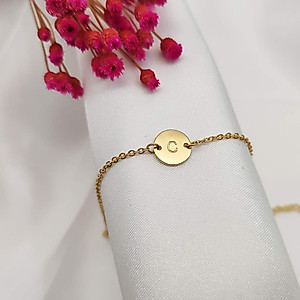 Personalized Initial Bracelet, 18K Gold Plated Stainless Steel Letter C Bracelet Dainty Coin Charm Bracelet Delicate Disc Name Bracelet for Women