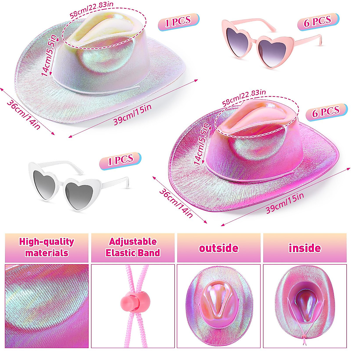 Leumoi 14 Pcs Holographic Bridal Cowgirl Party Set Heart Glasses Bride Cowboy Hats for Bachelorette Party Wedding (White, Pink)