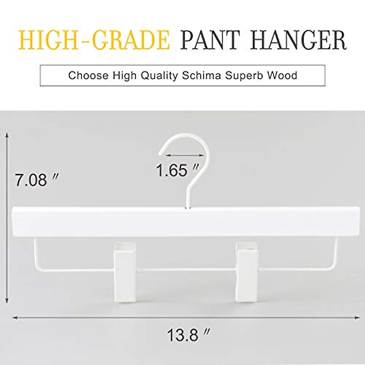 TOPIA HANGER All White Wooden Pants Hangers, Wood Skirt Hangers with Clips, Deluxe Jeans Hanger with 360°Swivel Anti-Rust Flat Hook, Smooth Finish Wood Hangers for Slacks Trousers 20 Pack -CT03W