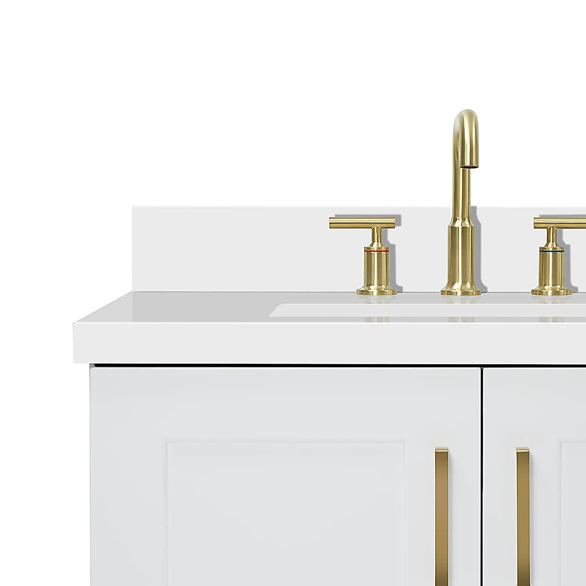 ARIEL 73" White Double Vanity, 1.5" Edge Pure White Quartz Countertop & Splash, Rectangular Sink, 4 Soft Closing Doors, 6 Full Extension Dovetail Drawers, Toe Kick, Satin Brass