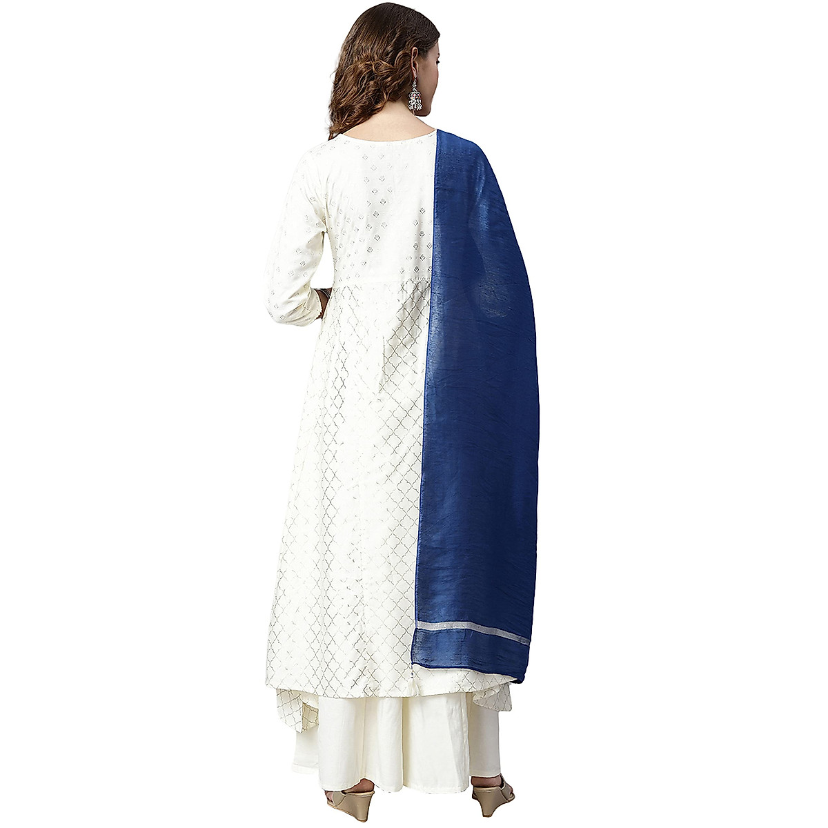 Janasya Indian Women's Off- White Yoke Printed Poly Silk Kurta with Palazzo and Dupatta