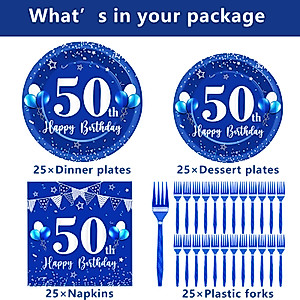 100 Pieces 50th Birthday Party Plates Napkins Blue and Silver Birthday Tableware Blue and Silver 50th Happy Birthday Dinnerware Dinner Dessert Plates Napkins for Blue Birthday Party Supplies Serve 25