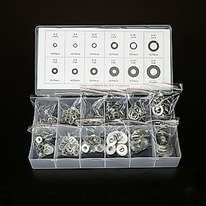 NEIKO 50400A Stainless Steel Lock and Flat Washer Assortment | 350 Piece Set | 12 Different Sizes in Spring Lock and Flat Design | Prevent Loose Fasteners