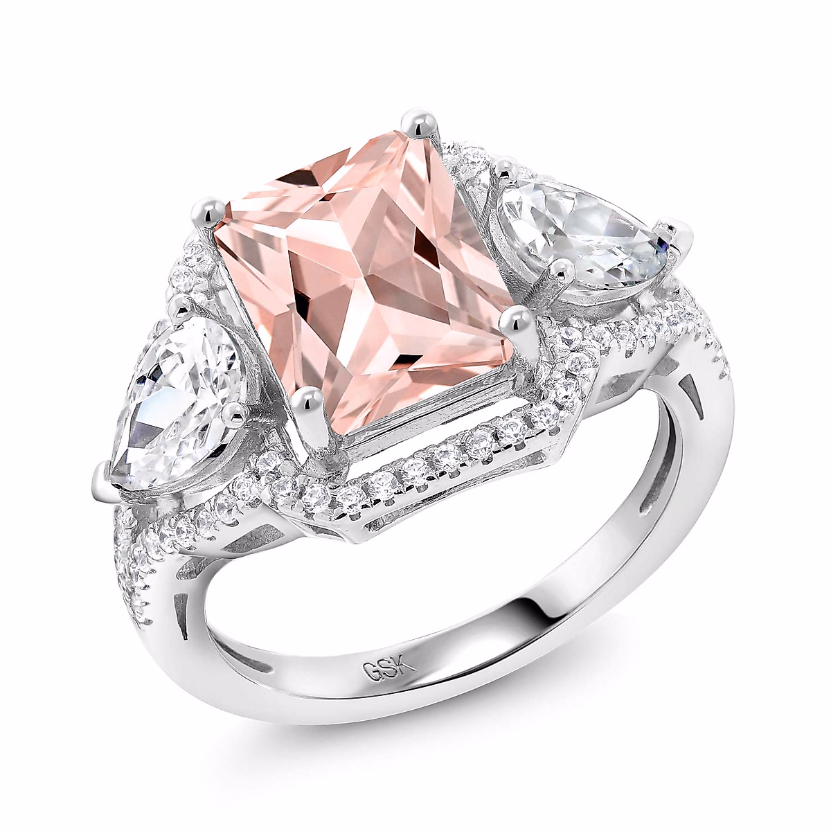 Gem Stone King 3.99 Cttw Peach Nano Morganite Ring For Women In 925 Sterling Silver | Emerald Cut 10X8MM | Gemstone October Birthstone | Available In Size 5, 6, 7, 8, 9