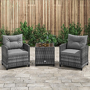 KOTEK 3 Piece Patio Furniture Set, Outdoor PE Rattan Conversation Set with Washable Cushions & Tempered Glass Tabletop, Wicker Chairs and Table Set for Porch, Garden, Balcony (Grey)