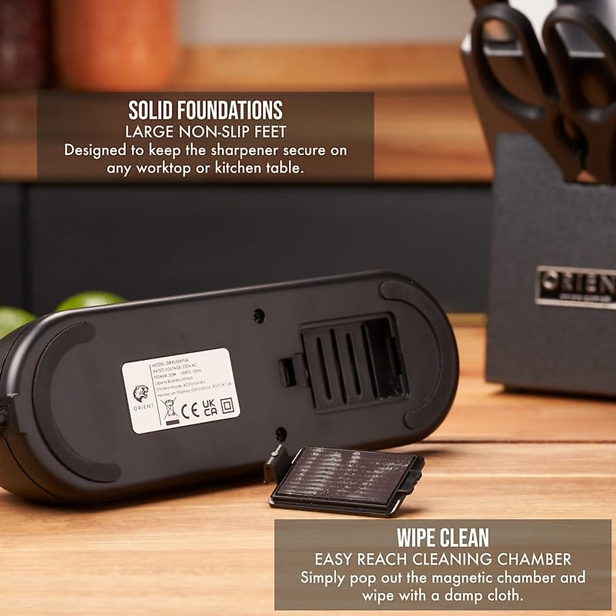 Electric Knife Sharpener - Professional 3 Stage Electrical Sharpening System for All Knives and Serrated Blades - Sharpen, Hone and Polish - Non-Slip Base, Magnet Compartment for Waste Collection