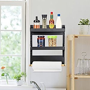 Fashionwu Magnetic Spice Rack, 2 Tier Magnetic Spice Organizer for Refrigerator, Magnetic Shelf with Paper Towel Holder for Kitchen Storage