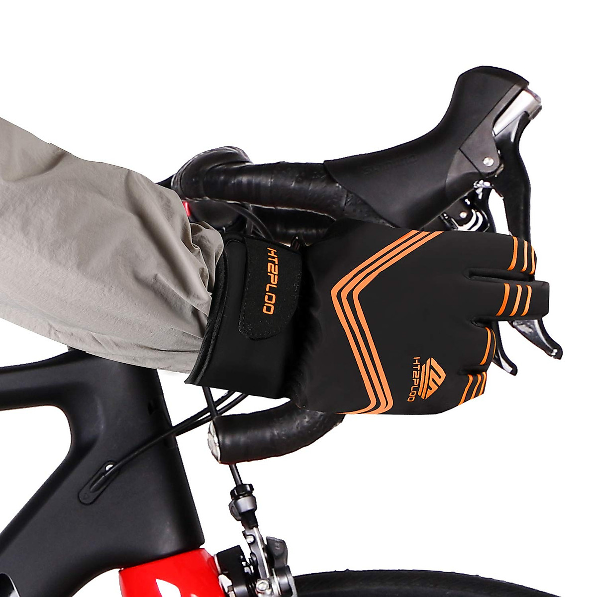 HTZPLOO Winter Bike Gloves Cycling Gloves for Men Waterproof&Windproof Biking Gloves Anti-Slip Shock-Absorbing Full Finger Flexible Bicycle Gloves (Orange-Full Finger, Large)