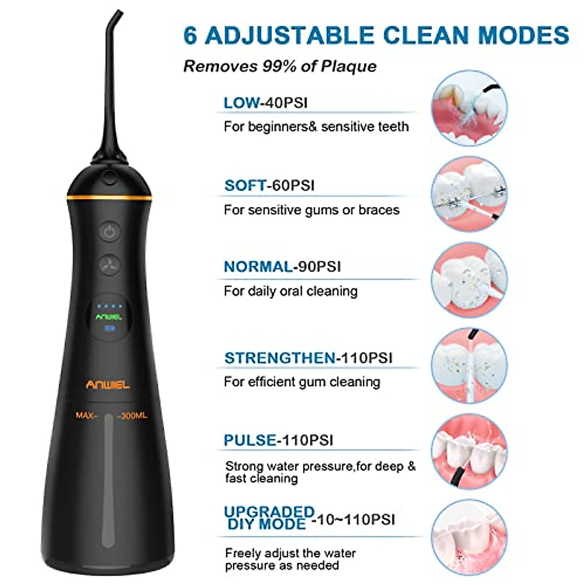 【2 in 1】 Water Dental Flosser and Ultrasonic Electric Toothbrush for Teeth, 300ML Oral Irrigator, 6 Tips, 4 Brush Heads, IPX7 Waterproof Waterflosser Flossing Teeth Cleaning Kit for Gums, Braces Care